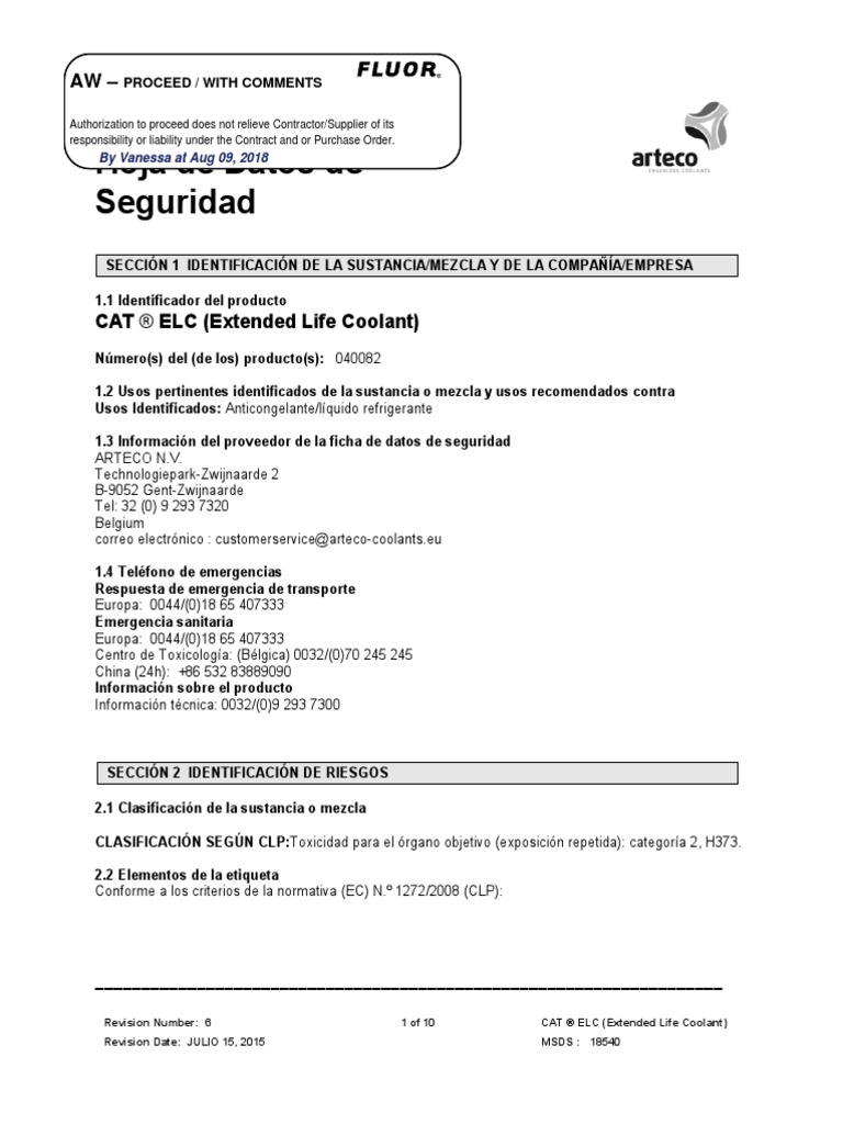 CAT ELC (Extended Life Coolant) | PDF | Agua | Toxicidad