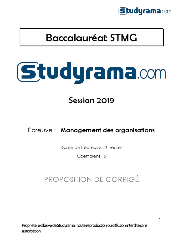 Corrigé Bac STMG Management 2019 | PDF | Business | Économie