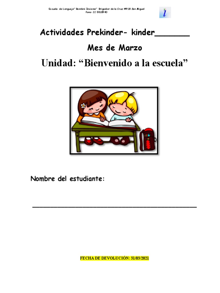 ACTIVIDADES Unidad "Bienvenido A La Escuela" KINDER - PRE-KINDER | PDF ...
