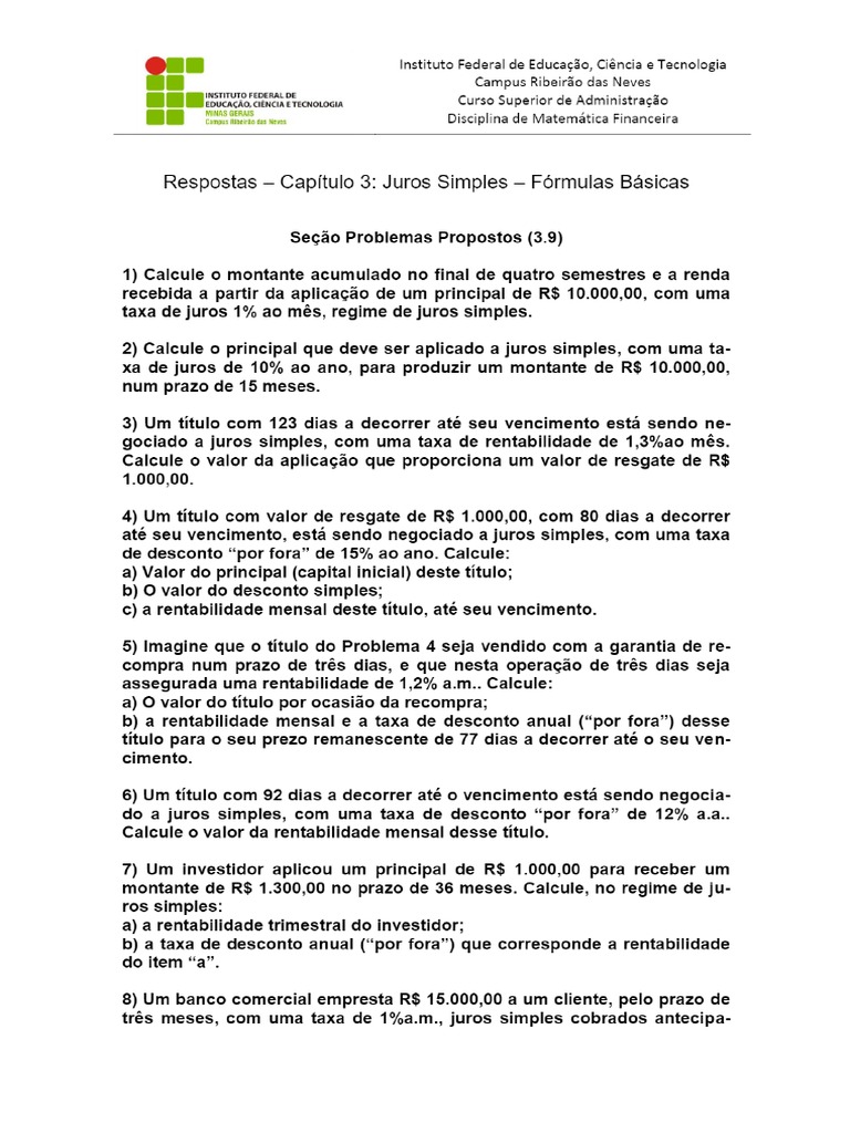Respostas Capítulo 3 - Juros Simples Fórmulas Básicas - PDF Download Grátis | PDF