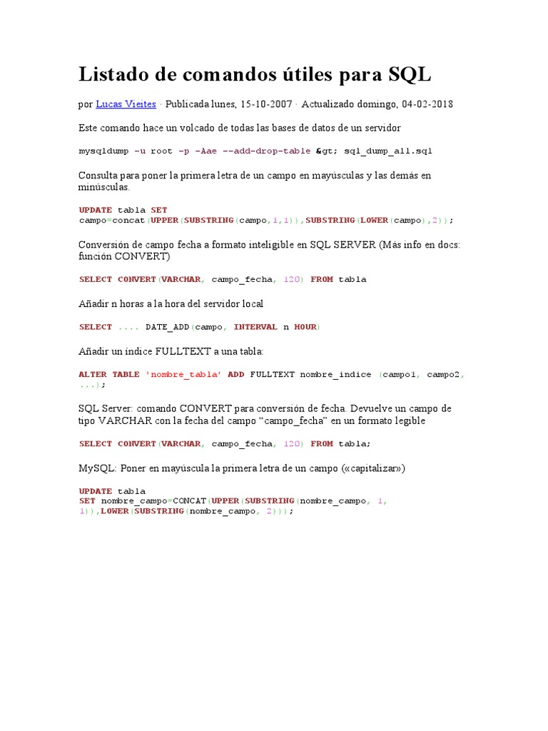 Listado de Comandos Útiles para SQL | PDF | Servidor SQL de Microsoft | SQL