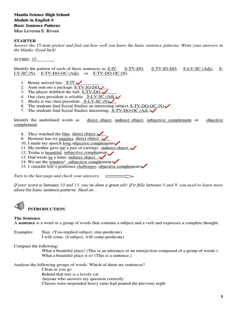 Basic Sentence Patterns Worksheets Pdf