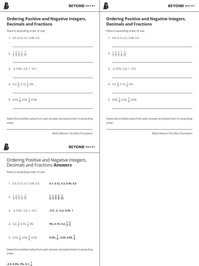 1 Ordering Positive and Negative Integers, Decimals and Fractions | PDF ...