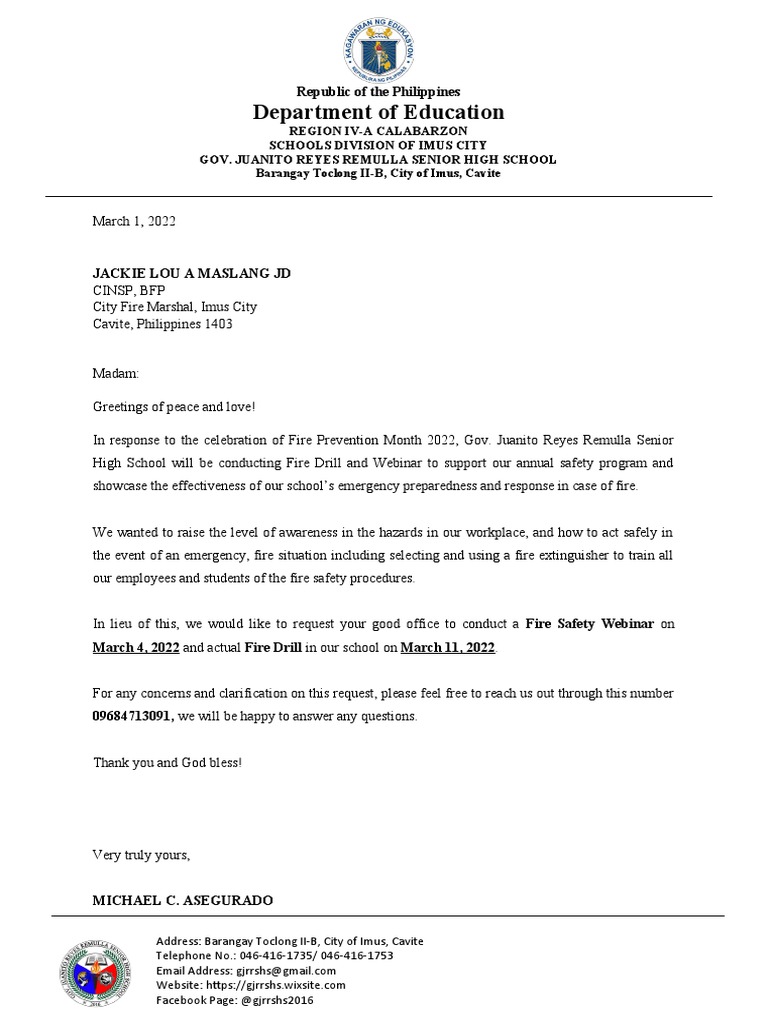 Letter of Request For Fire Drill | PDF
