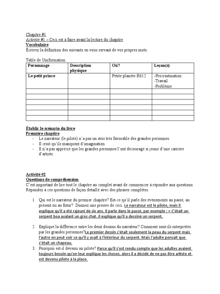 B - 2.1 Le Petit Prince Vocabulaire Et Questions de Compréhension Pour ...
