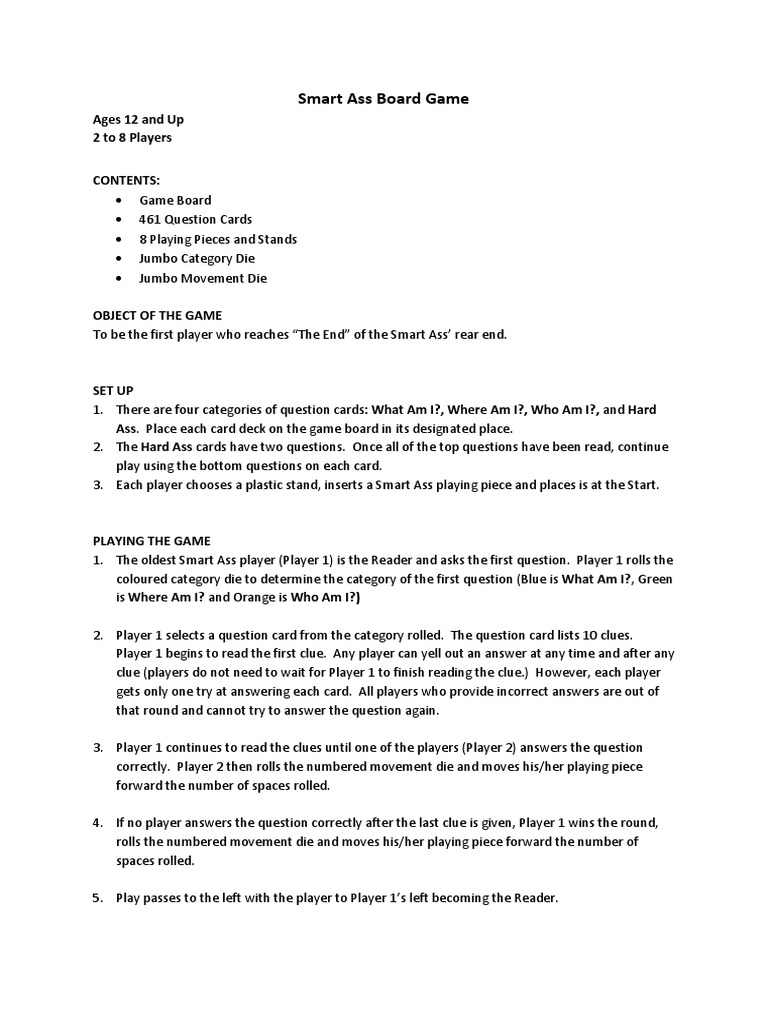Smart Ass Board Game: Ages 12 and Up 2 To 8 Players | PDF ...