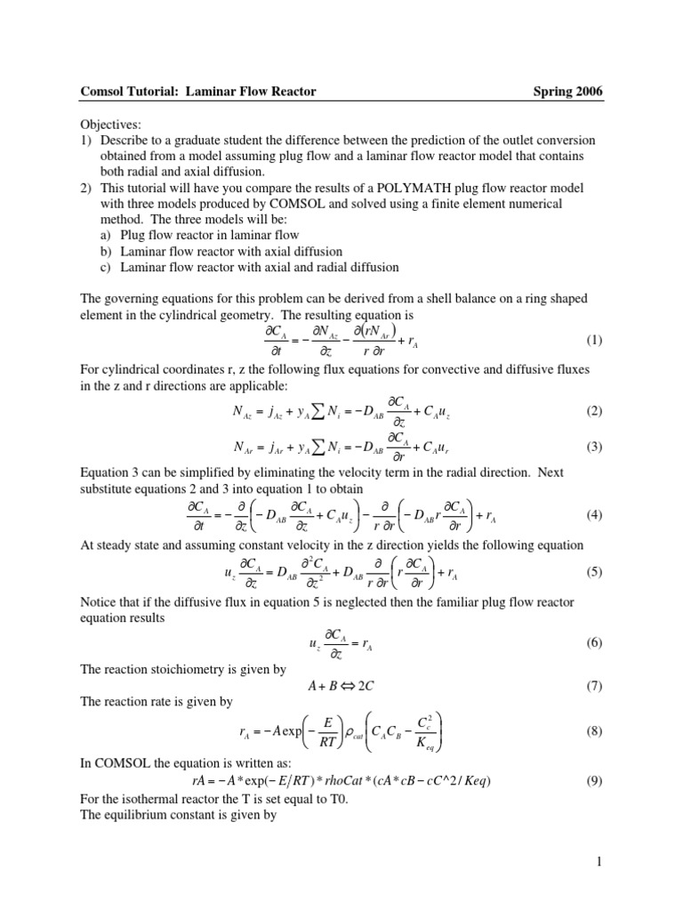 Comsol Tutorial: Laminar Flow Reactor Spring 2006: R R R RN Z N T C | PDF | Fluid Dynamics ...