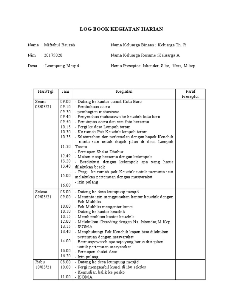 Log Book Kegiatan Harian | PDF