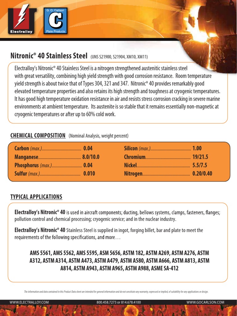 Nitronic® 40 Stainless Steel: Chemical Composition | PDF | Stainless ...