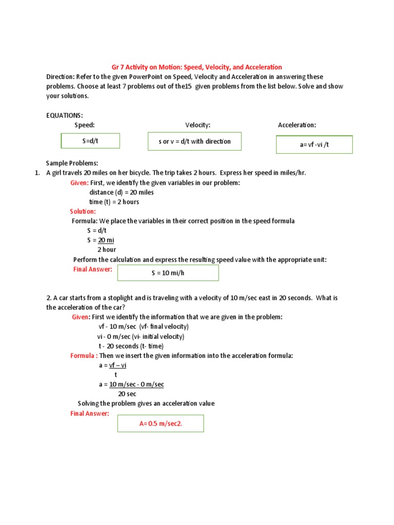 GR 7 Activity On Motion: Speed, Velocity, and Acceleration: Given | PDF ...