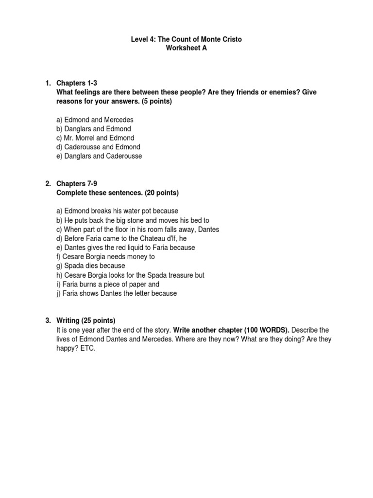 Monte Cristo Level 4 Worksheet Activities | PDF | Teaching Methods ...