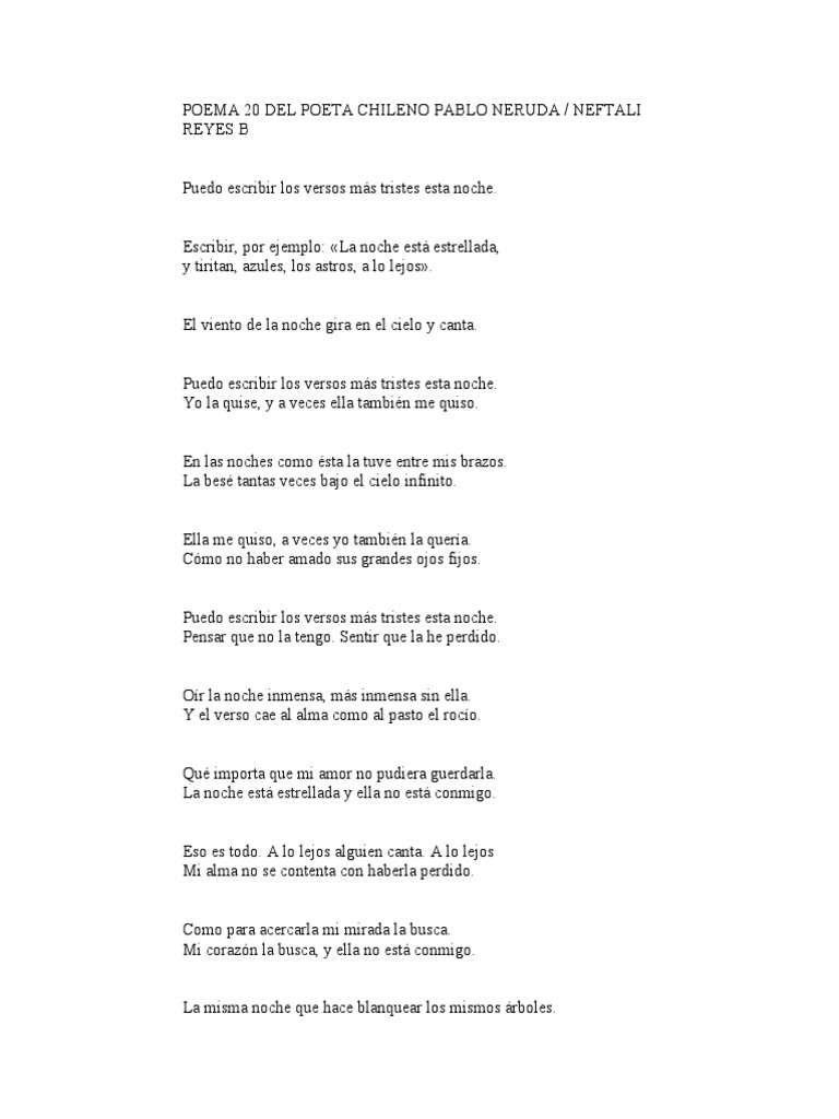 Poema 20 Del Poeta Chileno Neftali Reyes | PDF