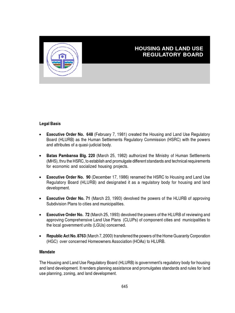 HLURB Legal Basis and LogFrame | PDF | Zoning | Condominium