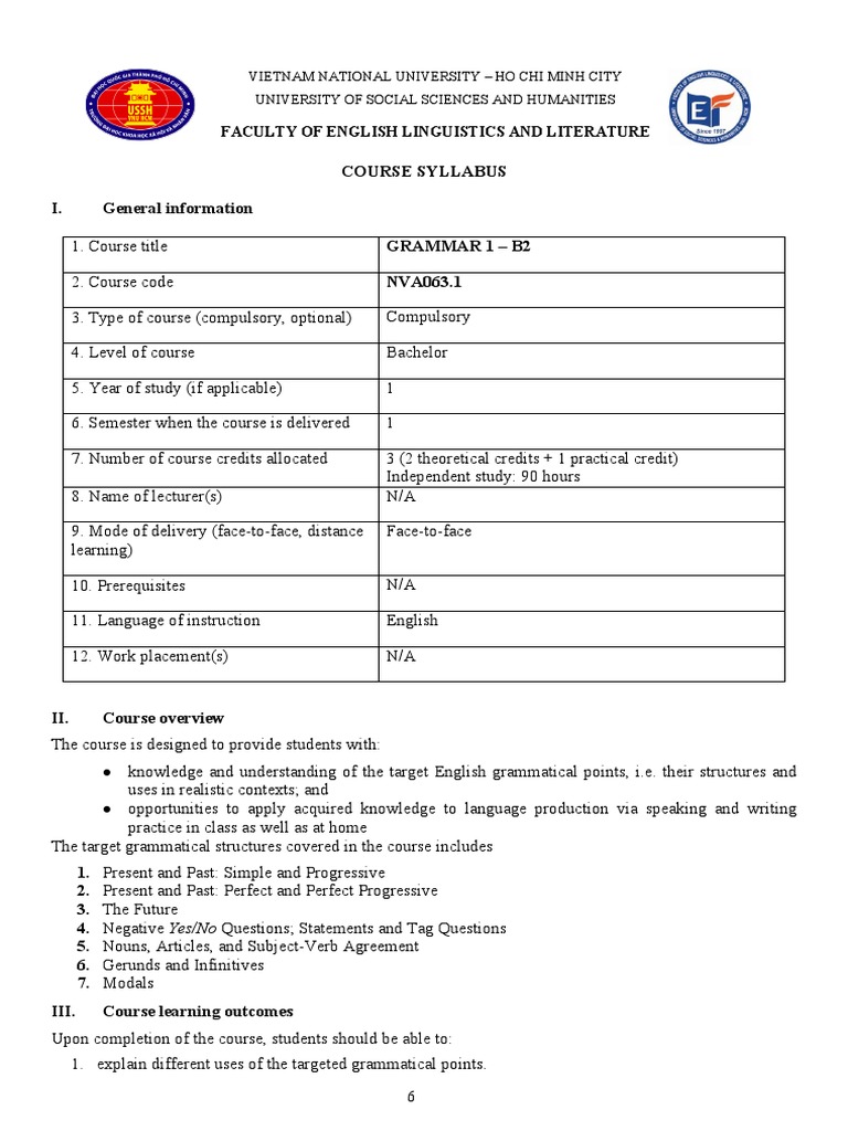 Syllabus - Grammar 1 - B2 - NVA063.1 - 2021 | PDF | Educational ...