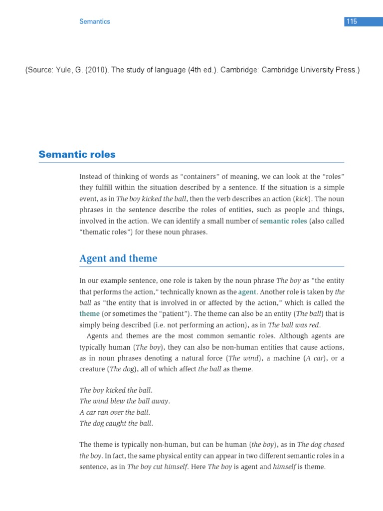 Semantic Roles: (Source: Yule, G. (2010) - The Study of Language (4th ...