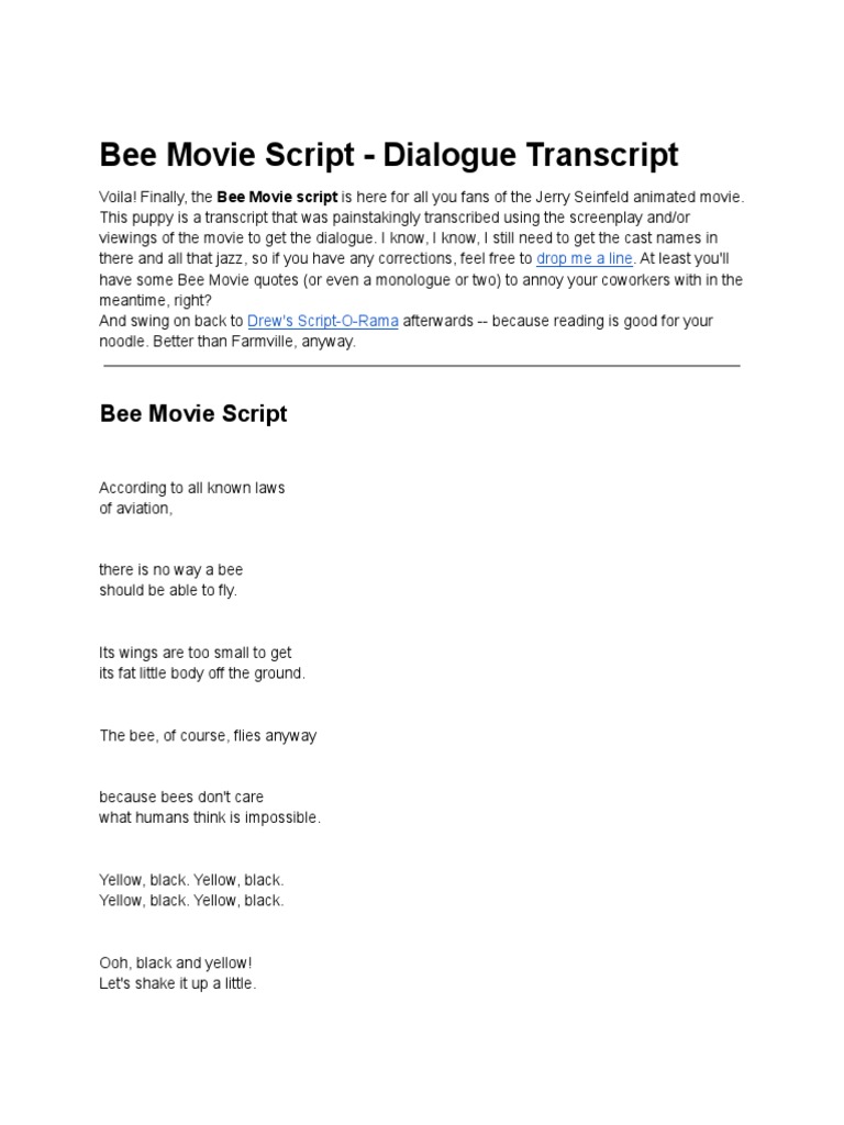 Bee Movie Script: Complete Transcript | PDF | Home & Garden