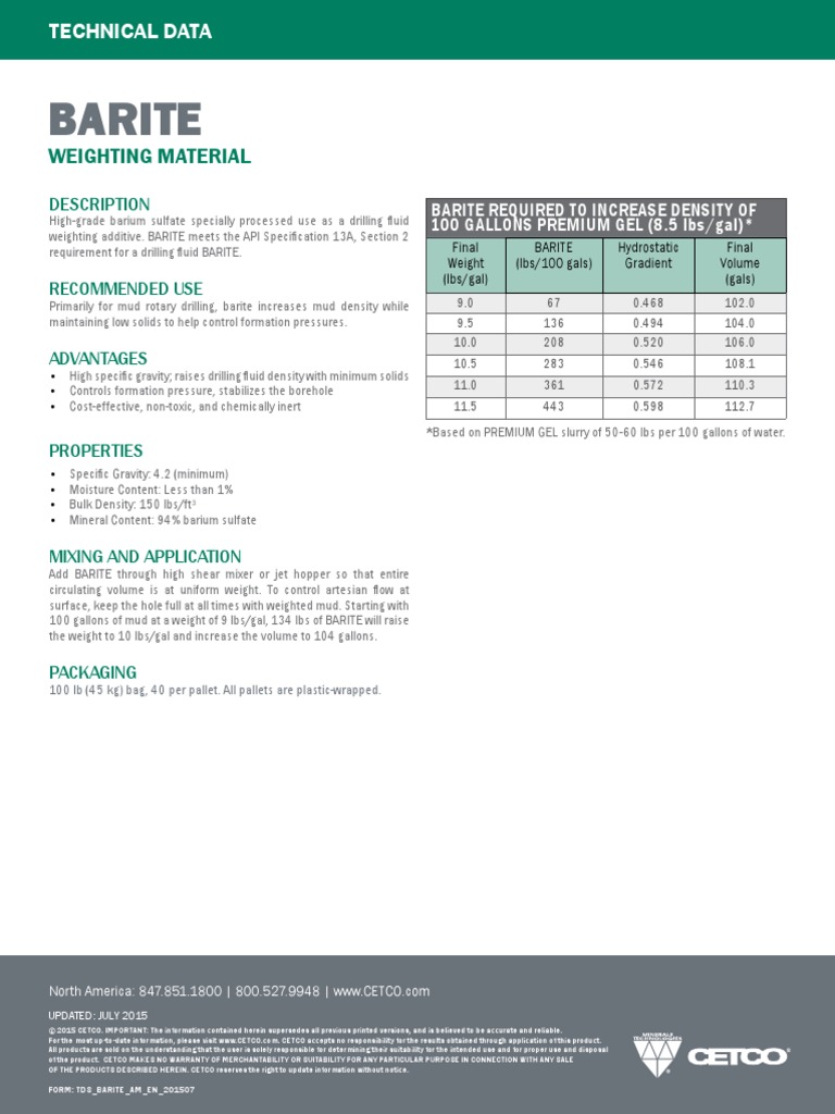 Tds - Barite | PDF | Density | Materials