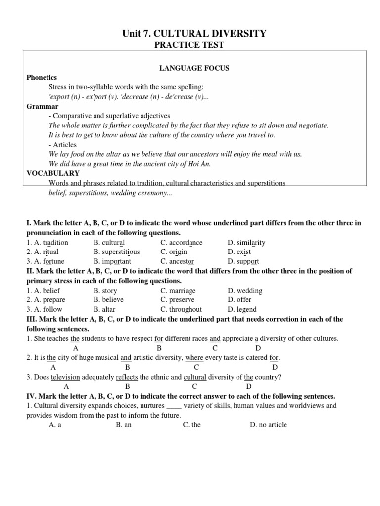Unit 7. Cultural Diversity: Practice Test | PDF | Multiculturalism ...