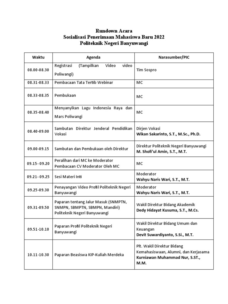 Rundown Acara Sosialisasi PMB 2022 | PDF