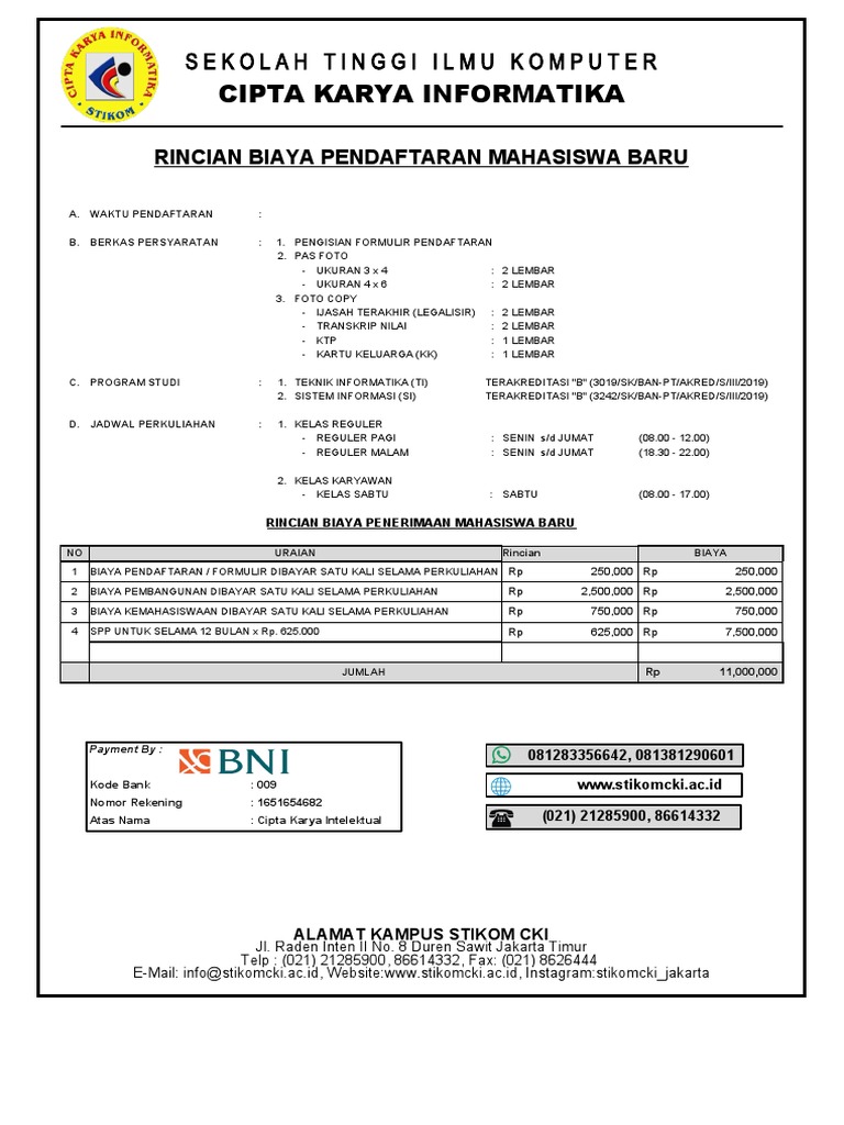 Rincian Biaya Pendaftaran STIKOM CKI | PDF