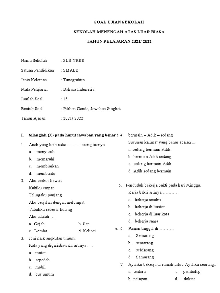 Soal Smalb Bahasa Indonesia | PDF