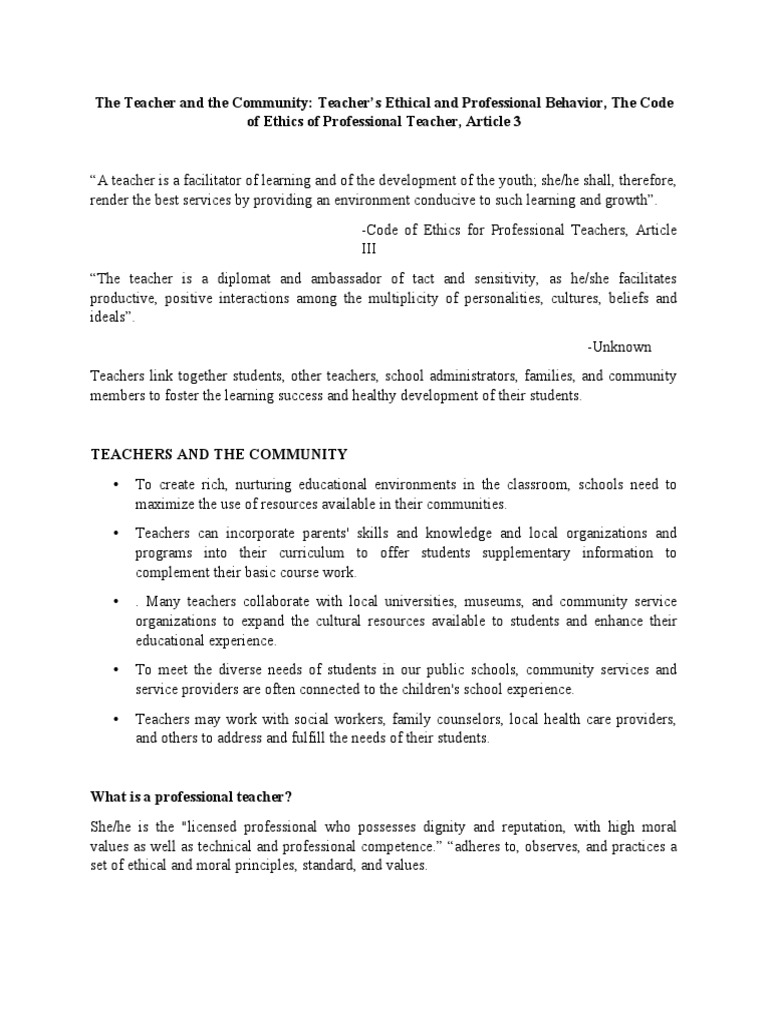 The Teacher and The Community: Teacher's Ethical and Professional ...