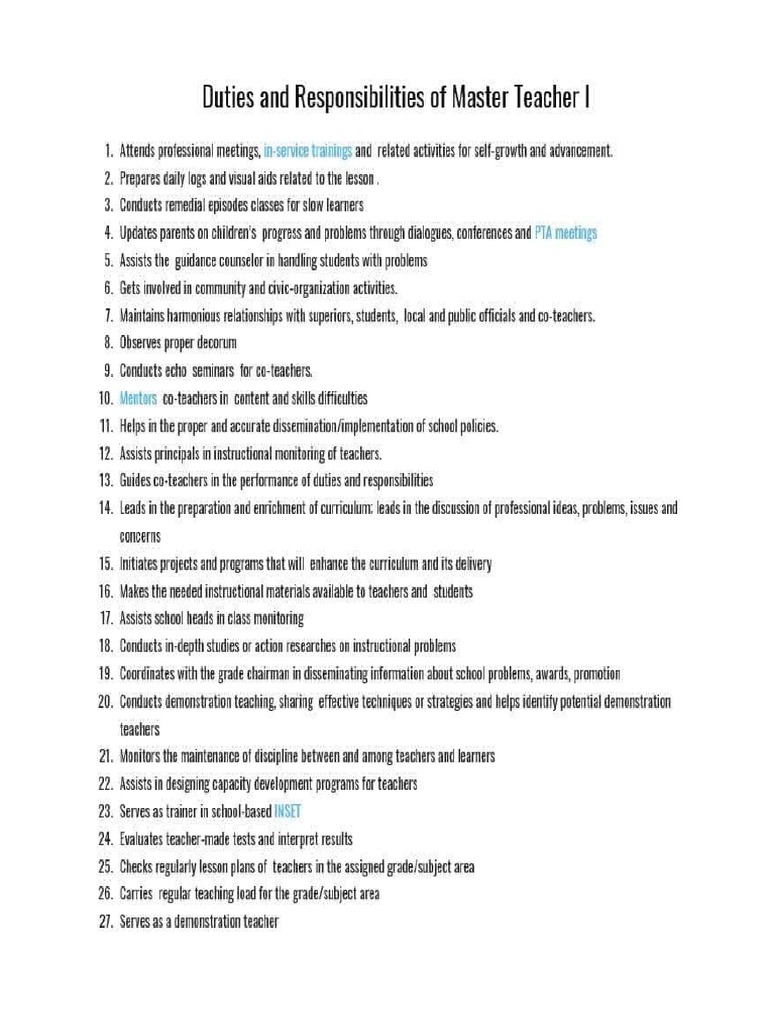 Duties and Responsibilities of Master Teachers | PDF