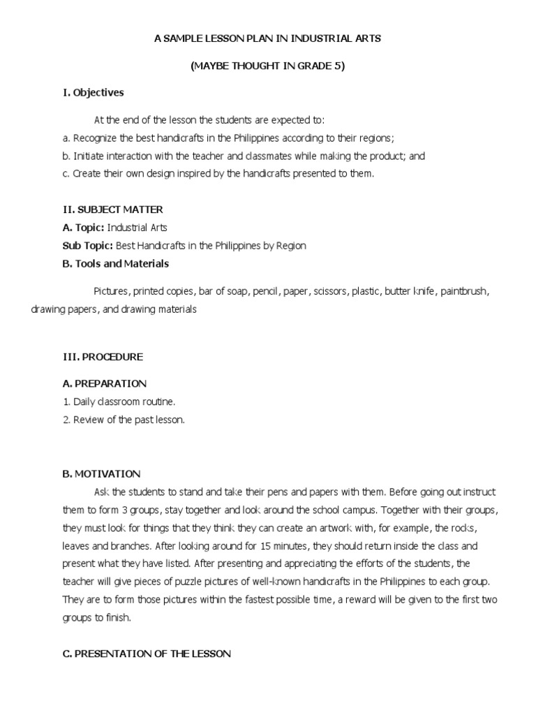 A Sample Lesson Plan in Industrial Arts | PDF