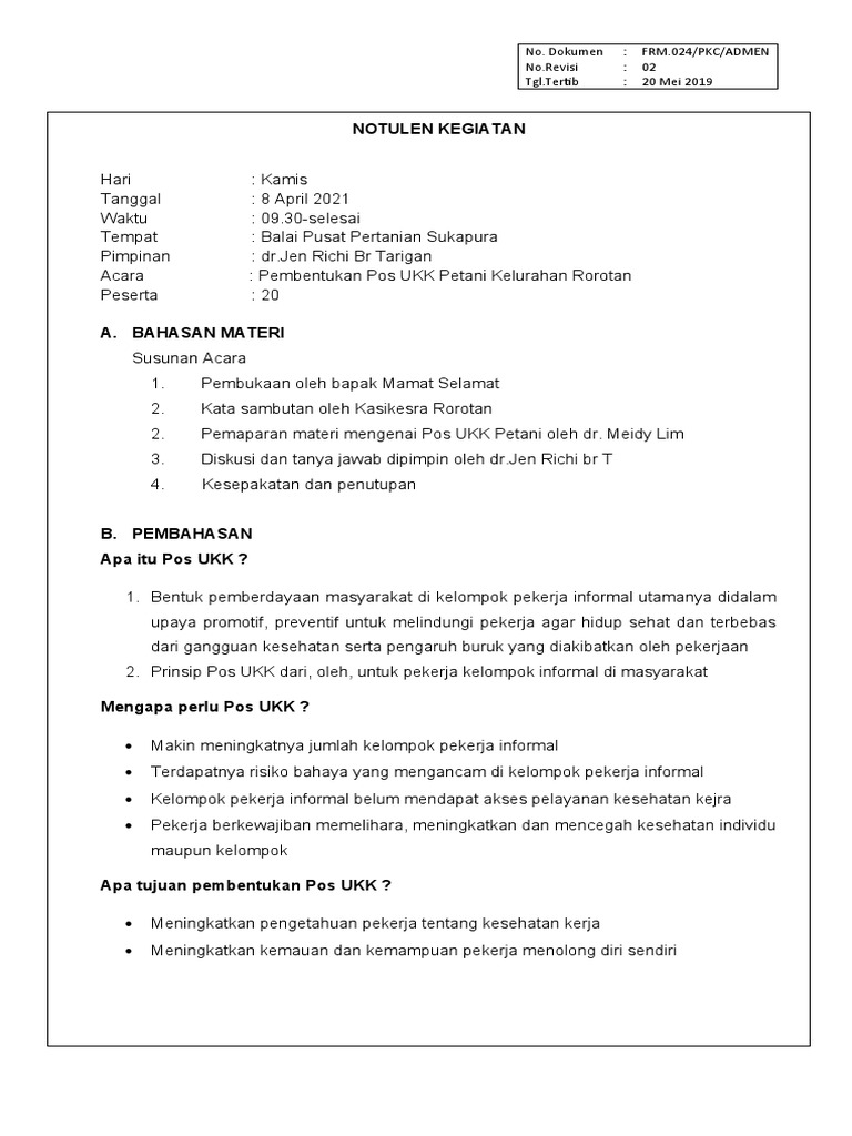 Notulen Pembentukan Pos UKK 8 April 2021 | PDF