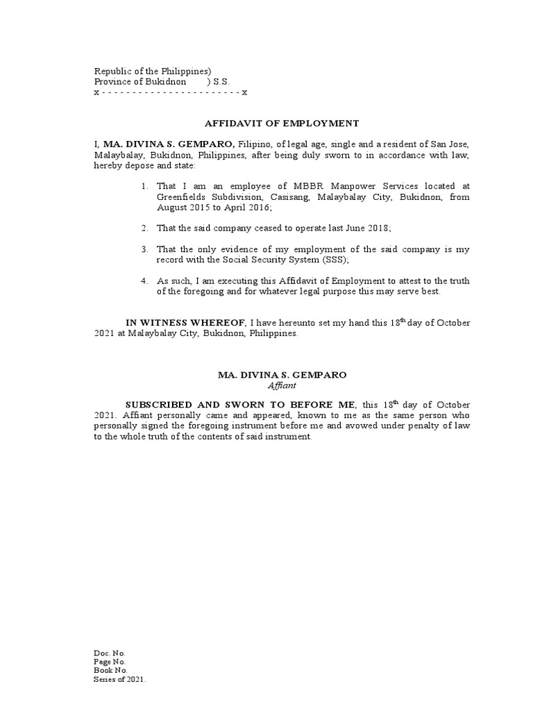 Affidavit of Employment: Affiant | PDF