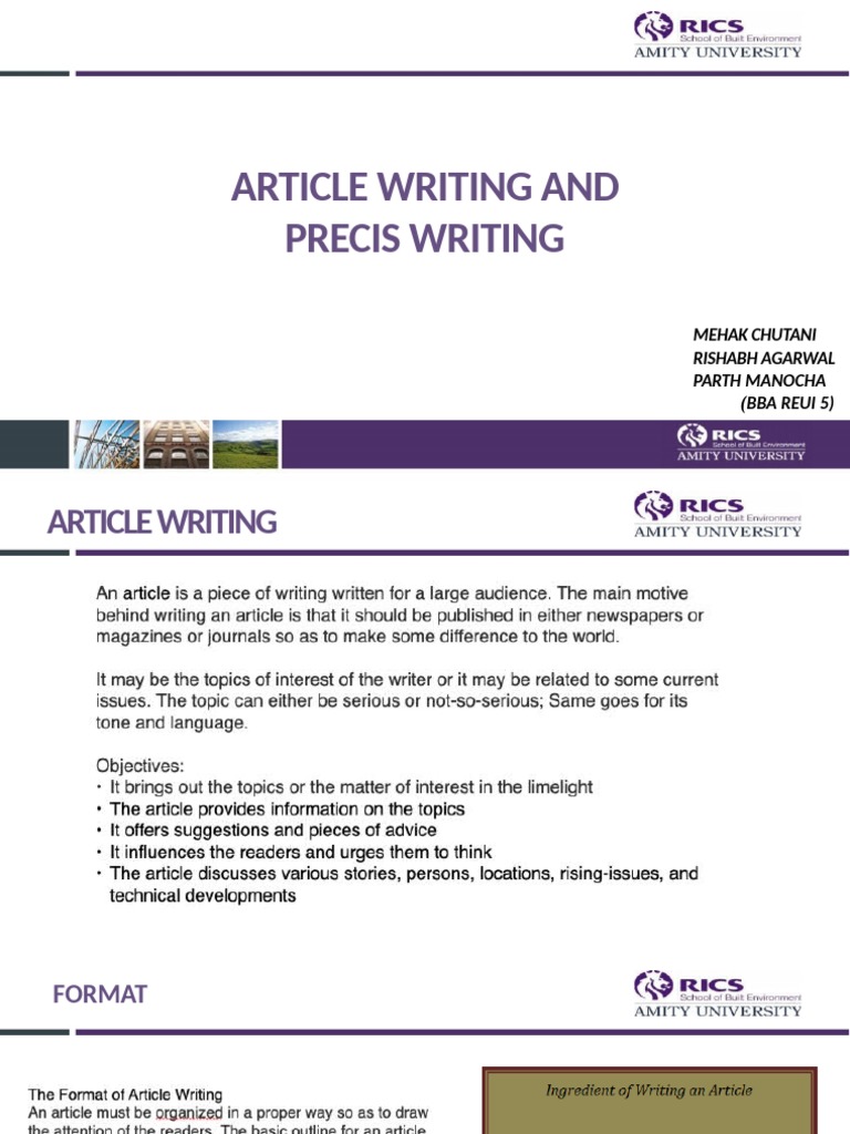 Article Writing and Precis Writing: Mehak Chutani Rishabh Agarwal Parth ...