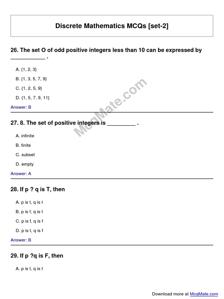 Discrete Mathematics Solved MCQs (Set-2) | PDF | Logical Expressions ...