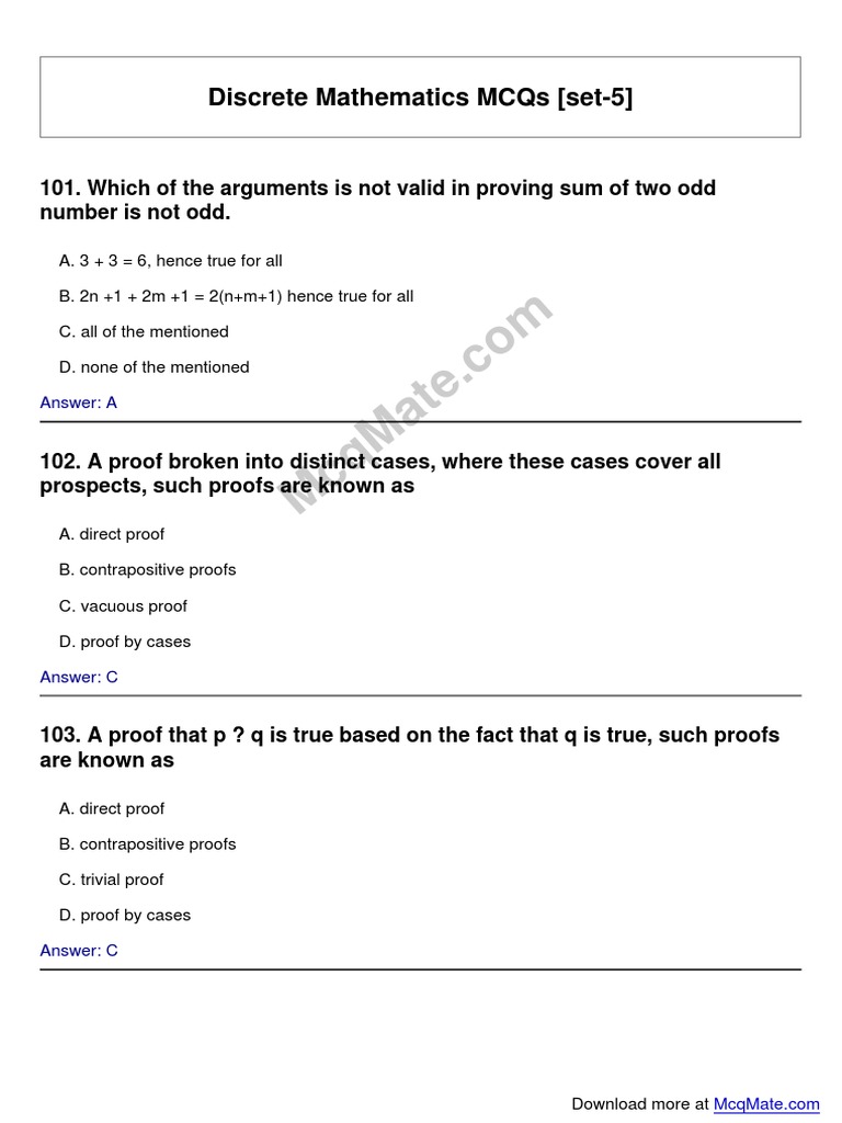 Discrete Mathematics Solved MCQs (Set-5) | PDF | Mathematical Proof ...
