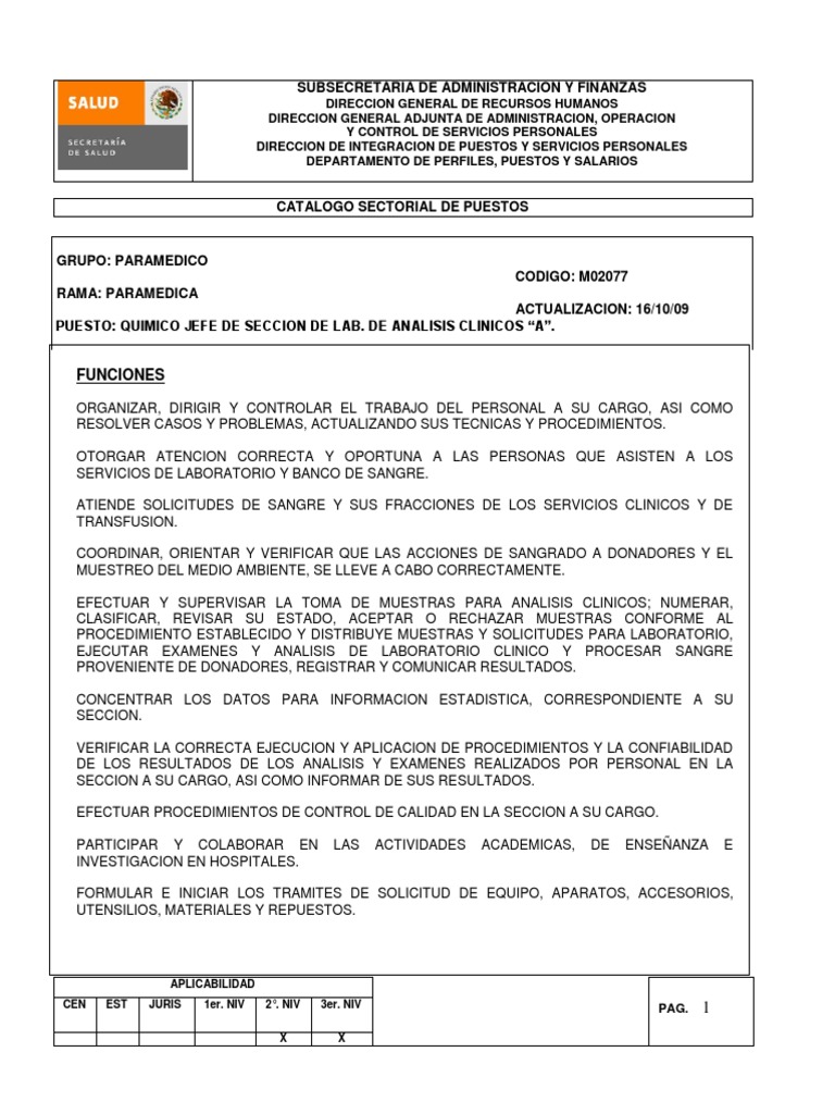 M02077 Químico Jefe de Secc. de Lab. en Análisis Clínicos A | PDF | Laboratorios | Hospital