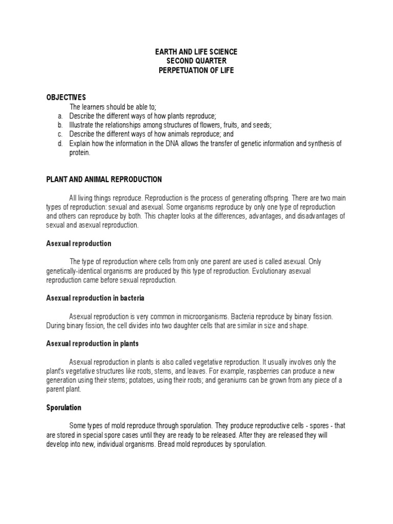 Earth and Life Science Perpetuation of Life 1 | PDF | Sexual ...