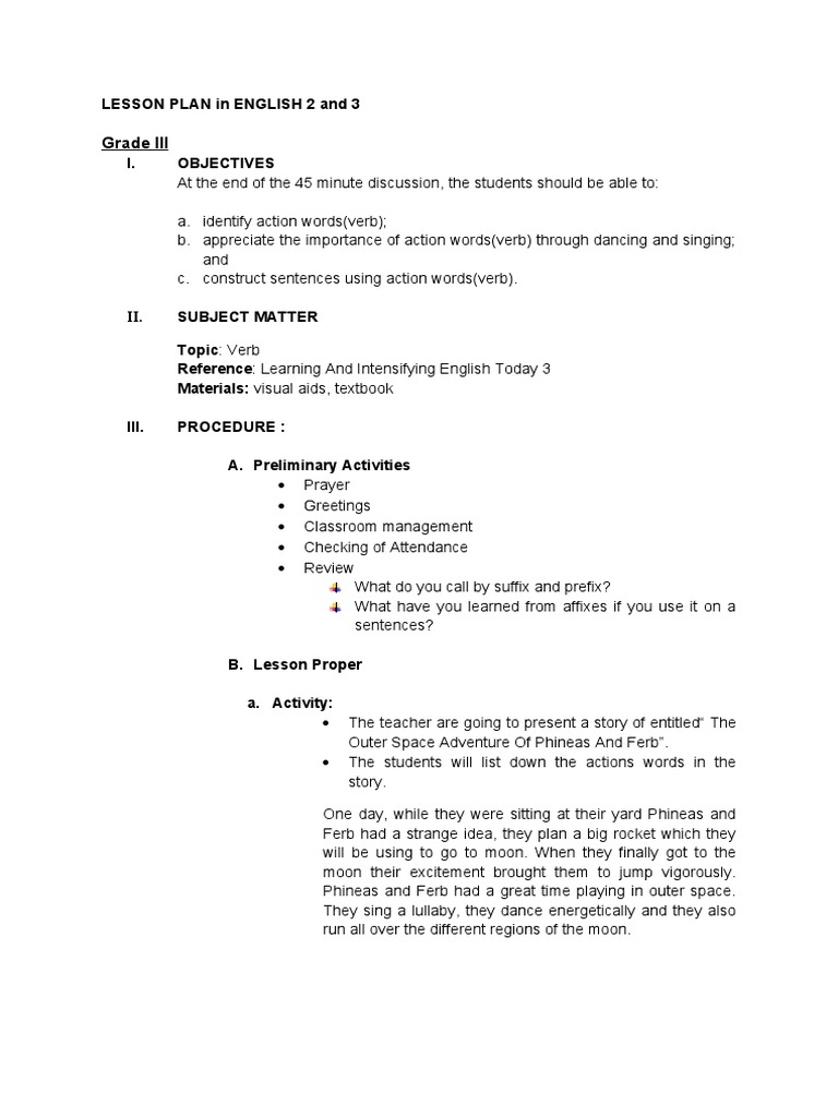 Grade III: Lesson Plan in English 2 and 3 | PDF | Word | Lesson Plan