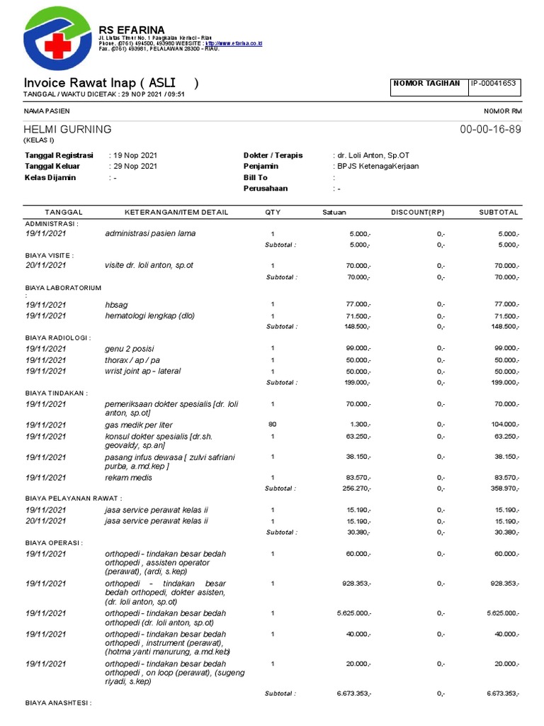 Invoice Rawat Inap (ASLI) : Rs Efarina | PDF