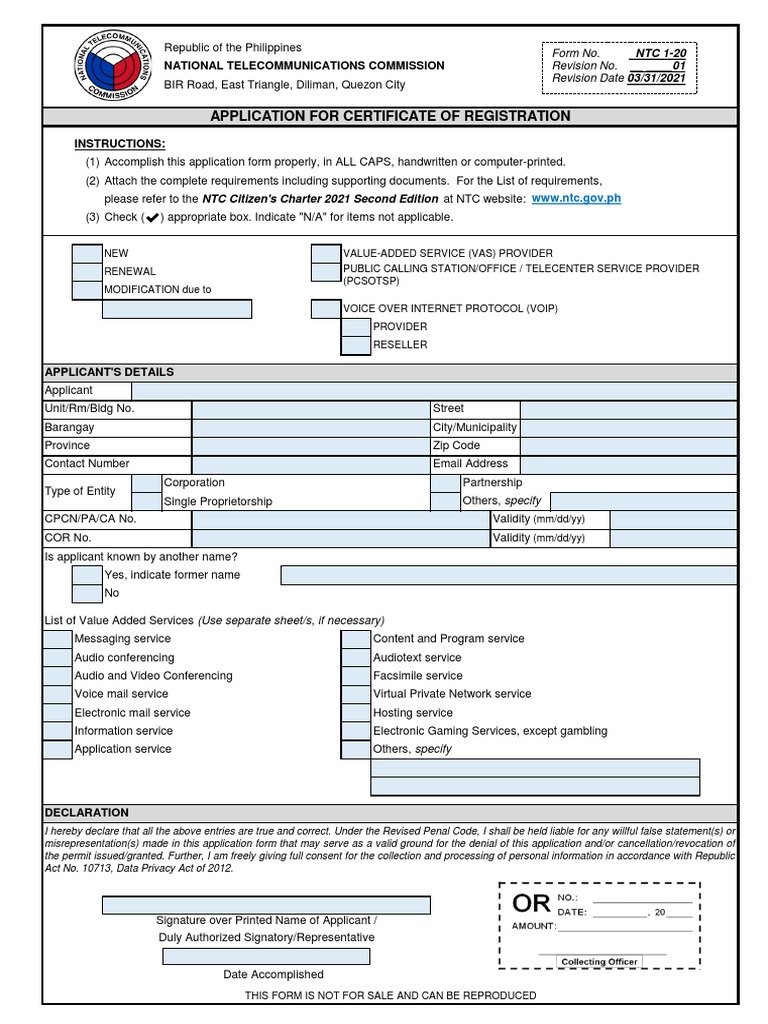 Form No. NTC 1 20 APPLICATION FOR CERTIFICATE OF REGISTRATION (VAS ...