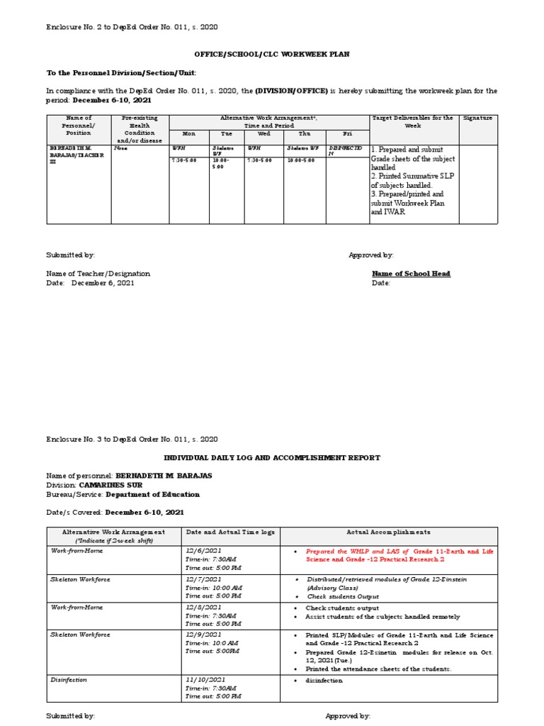 Office/School/Clc Workweek Plan To The Personnel Division/Section/Unit ...