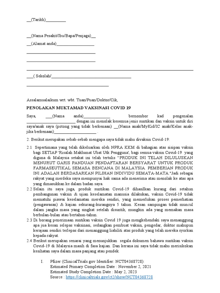 Surat Tolak Vaksin | PDF