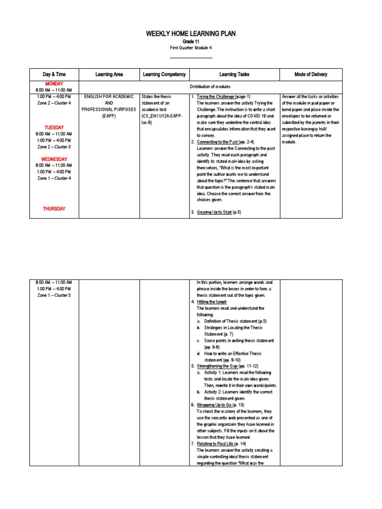 Weekly Home Learning Plan: Day & Time Learning Area Learning Competency Learning Tasks Mode of ...