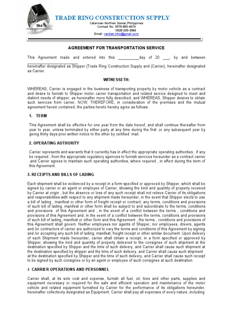 Agreement For Transportation | PDF | Cargo | Bill Of Lading