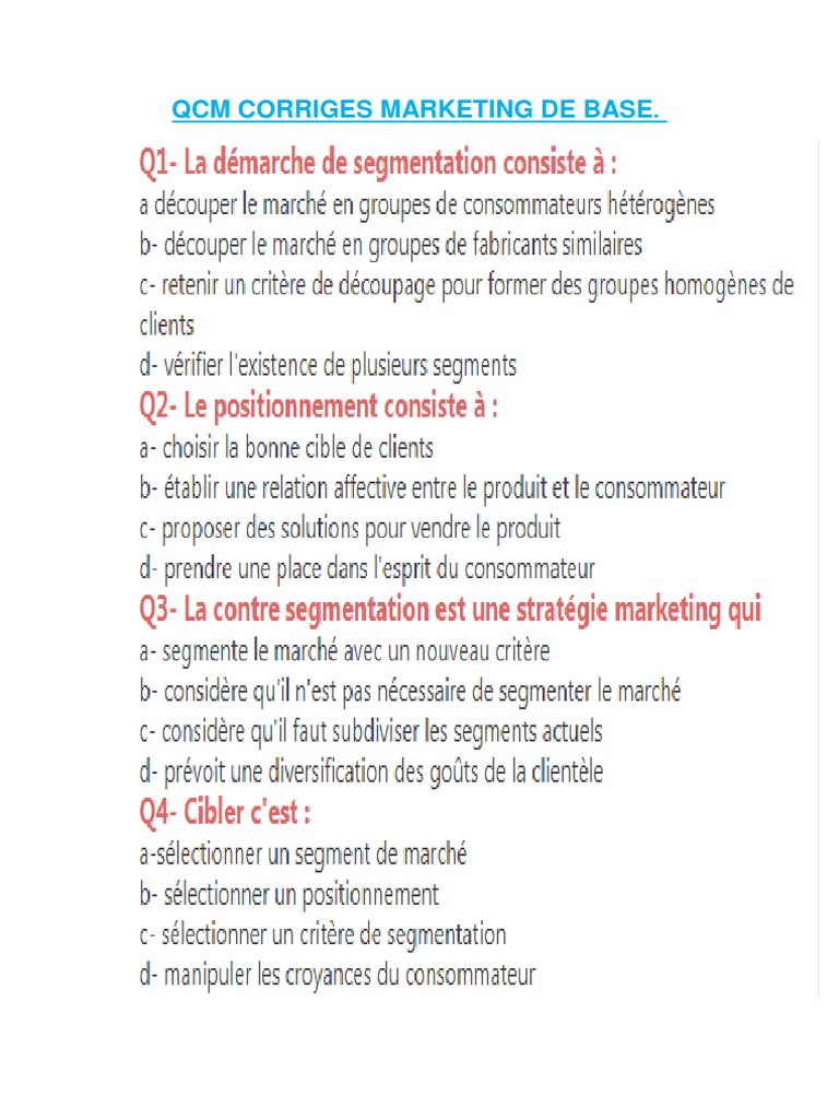 Marketing de Base QCM Corrige 02 | PDF
