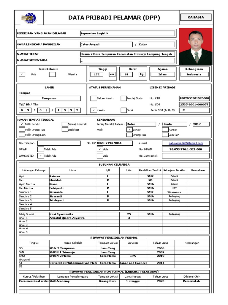Frm-pd-001 Rev.01 Data Pribadi Pelamar (DPP) | PDF