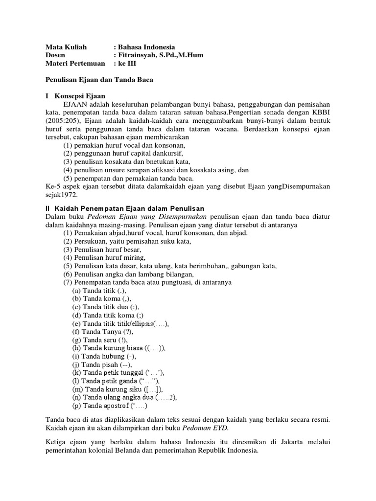 Pertemuan Ke 3 Ejaan Dan Tanda Baca | PDF