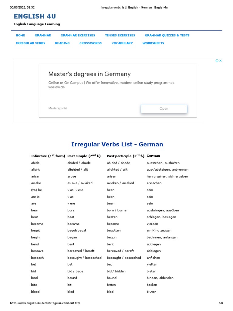Irregular Verbs List - English - German - English4u | PDF | Grammatical ...