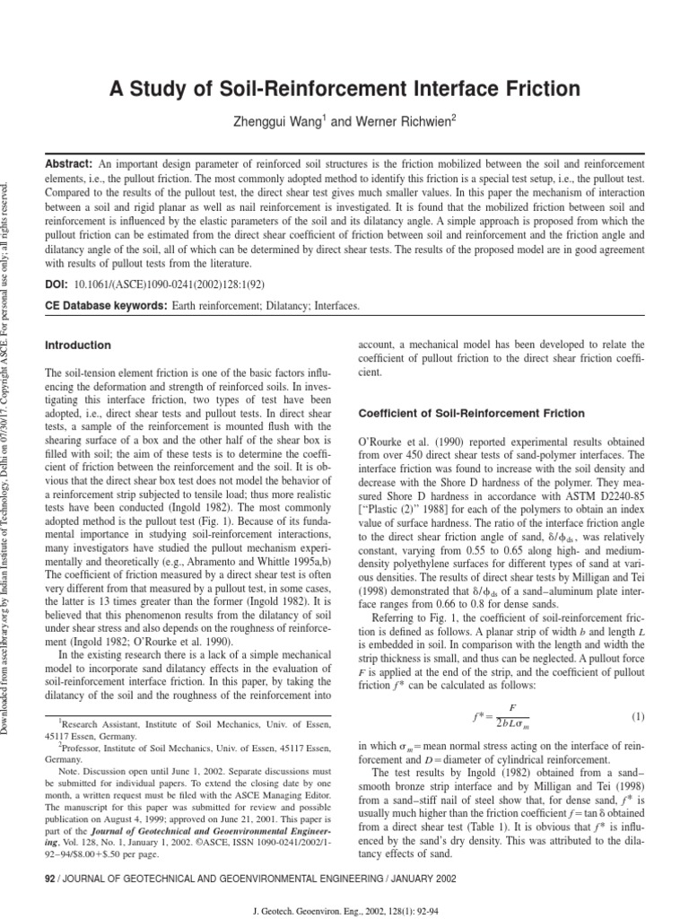 A Study of Soil-Reinforcement Interface Friction | Download grátis PDF | Friction | Young's Modulus