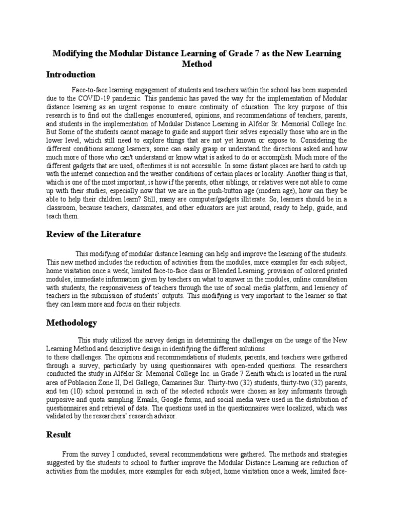 Modifying The Modular Distance Learning of Grade 7 As The New Learning ...