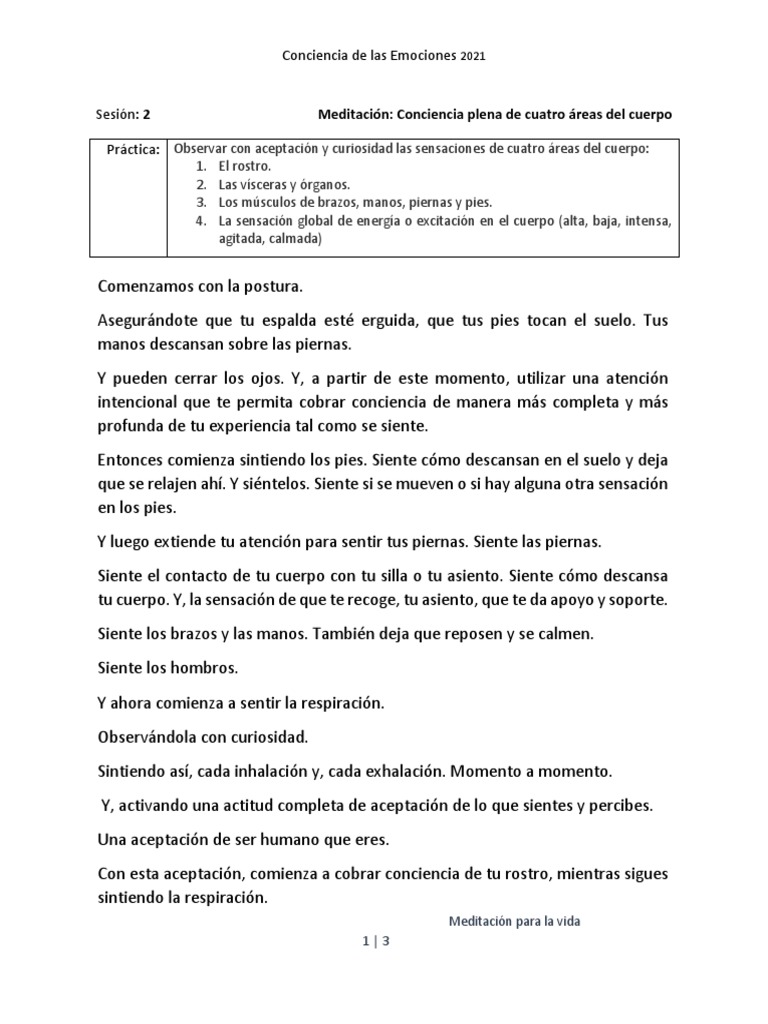 Meditación Conciencia Plena 4 Áreas | PDF | Meditación | Las emociones