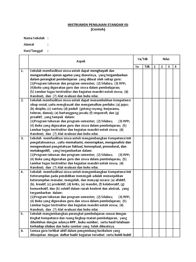 Contoh Instrumen Penilaian Standar Isi | PDF